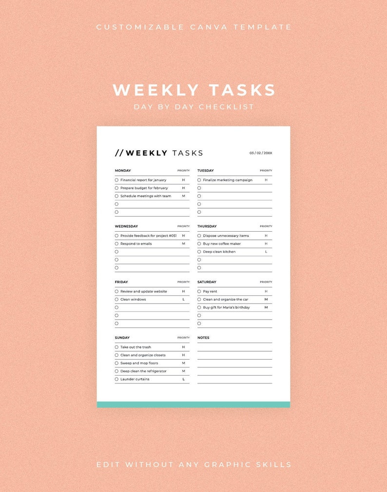 Printable Weekly Task List Canva Template, Weekly to Do List Template ...