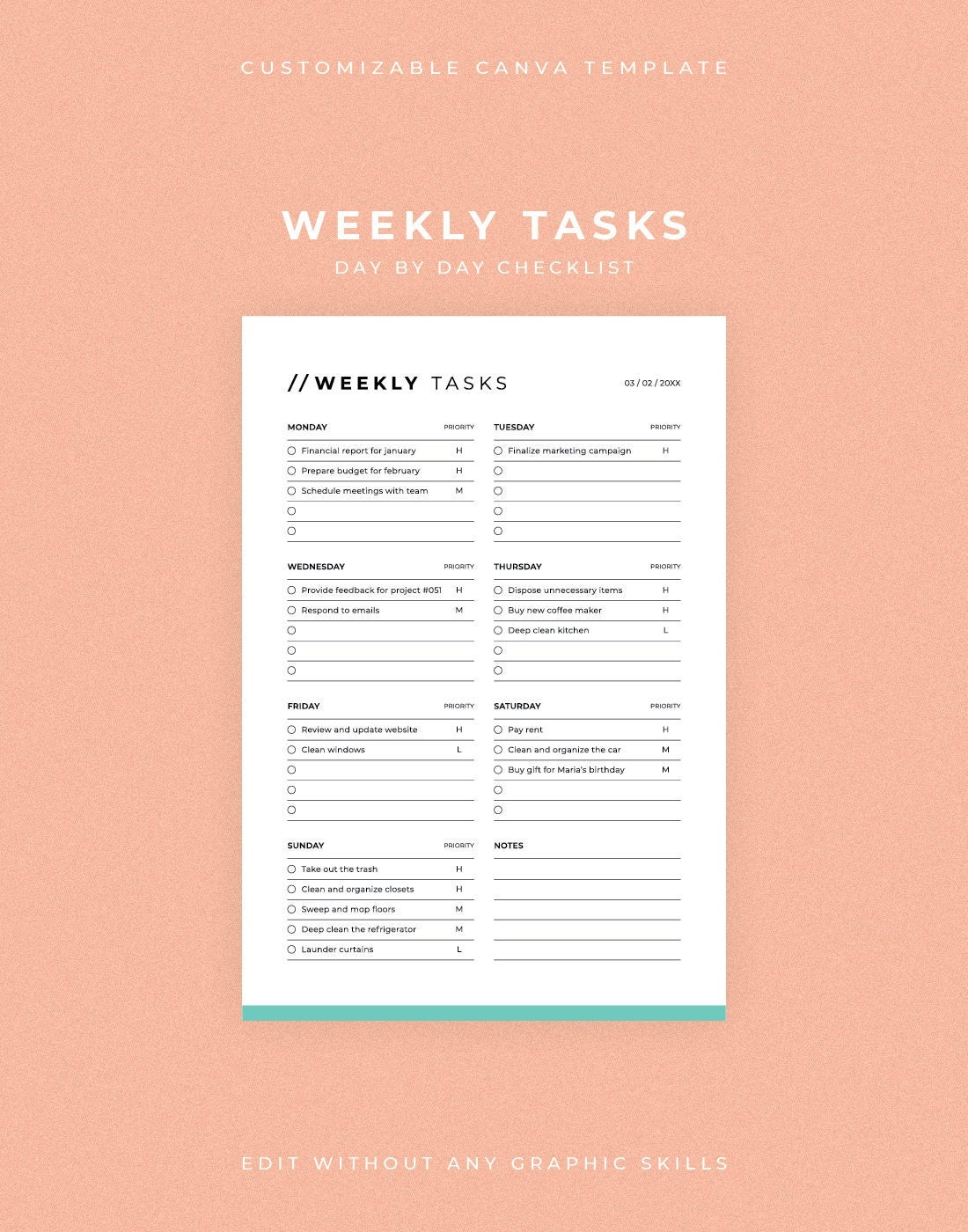 Printable Weekly Task List Canva Template, Weekly to Do List Template ...