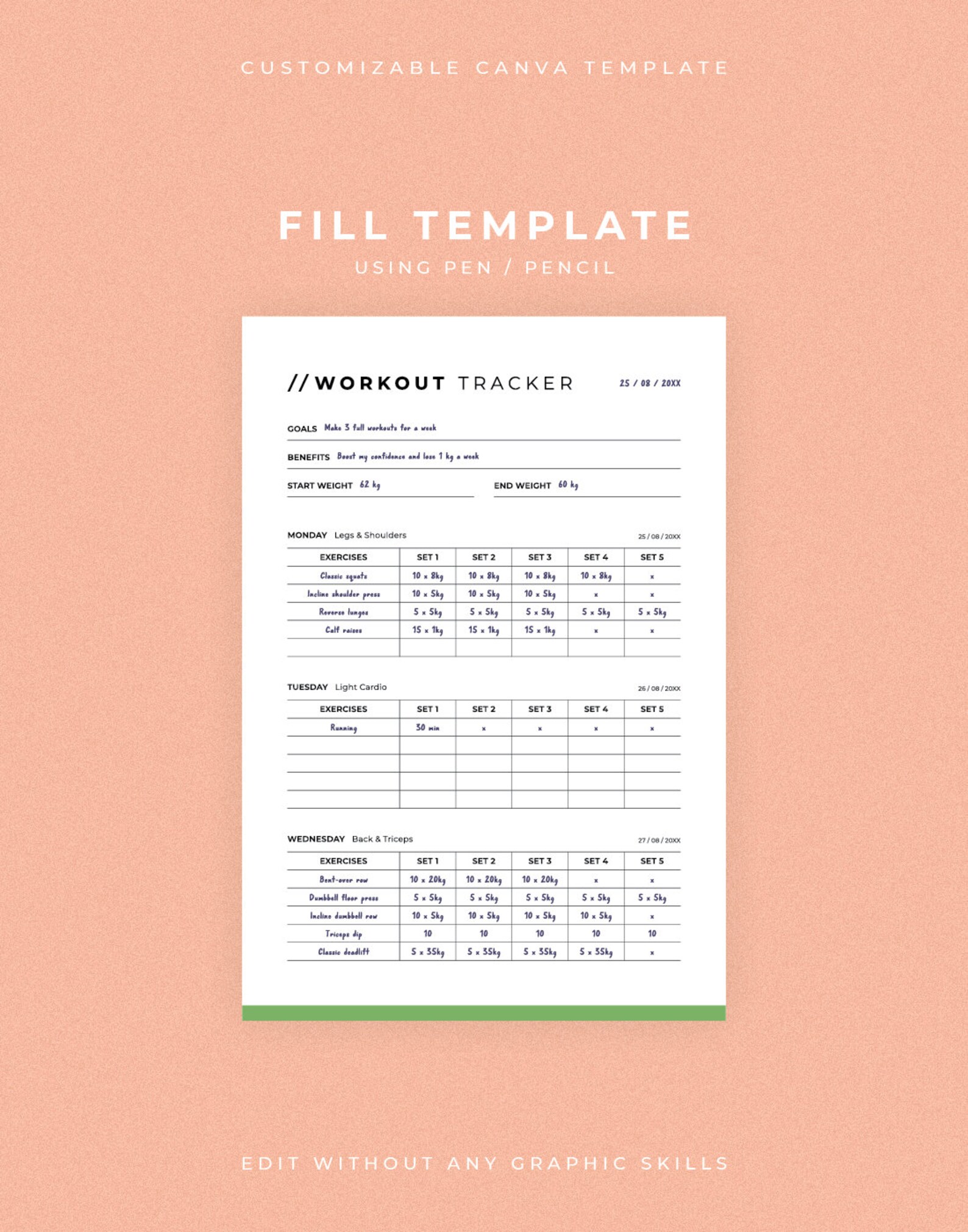 Printable Weekly Workout Tracker Canva Template, Printable Fitness ...