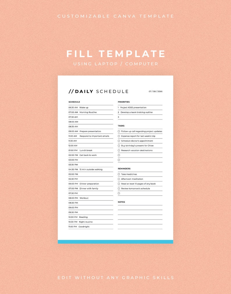 Printable Daily Schedule Planner, To-do List Canva Template (digital ...