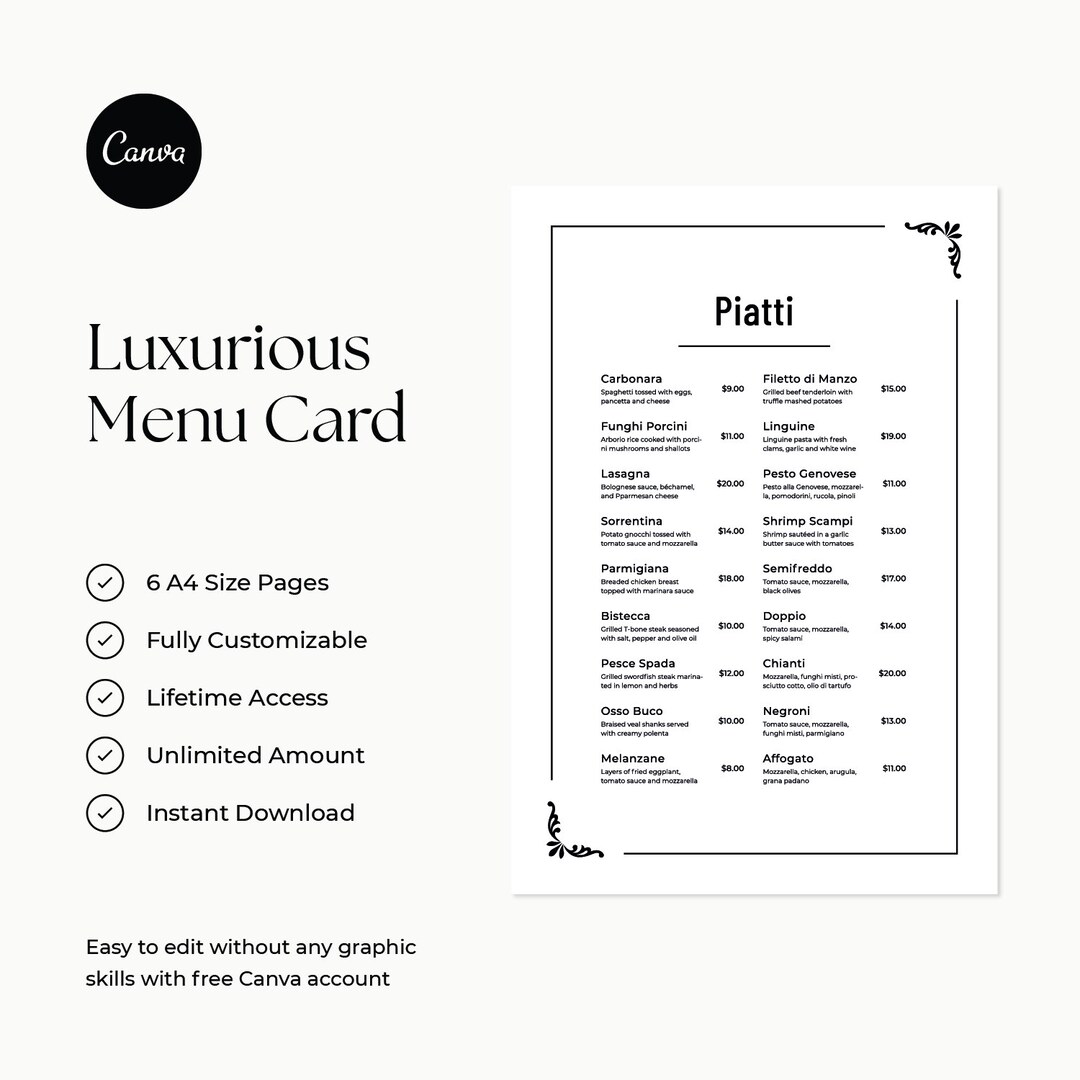 Luxurious Restaurant Menu Card Canva Template, Editable Restaurant ...