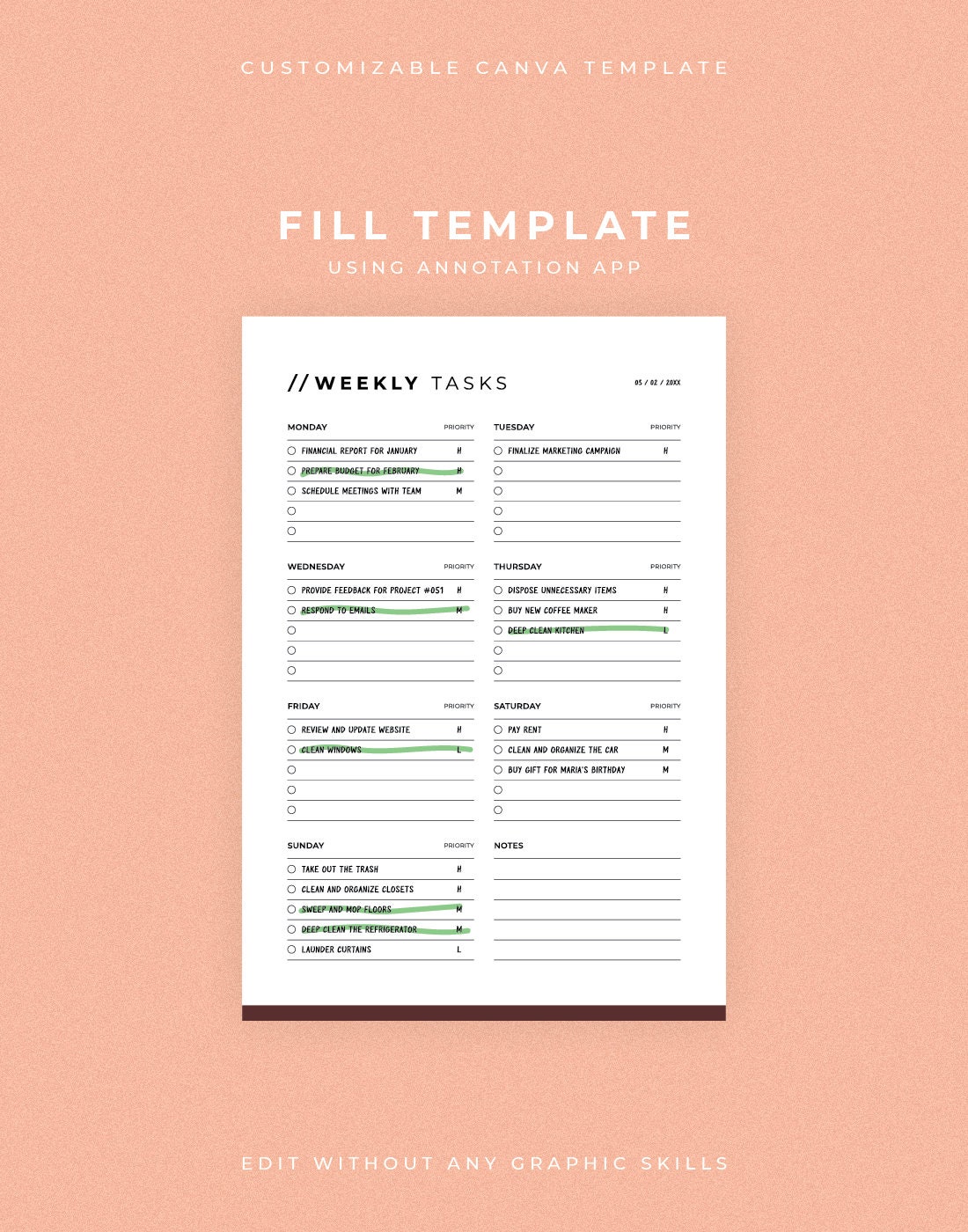 Printable Weekly Task List Template, Canva Editable (digital Download ...
