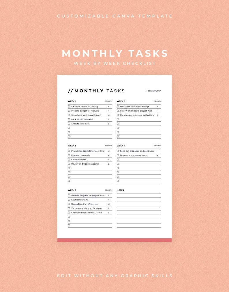 Printable Monthly Task List Canva Template, Monthly to Do List Template ...