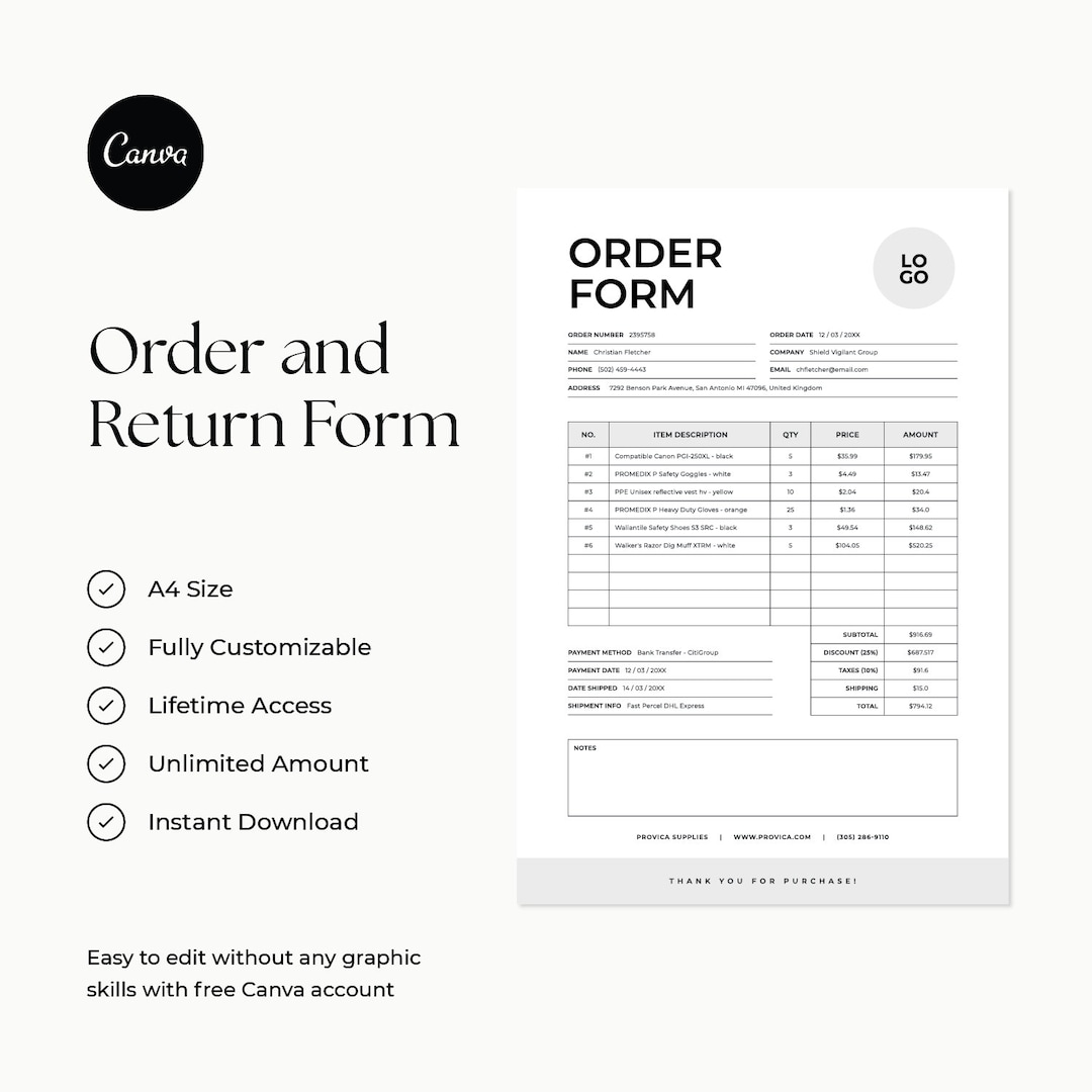 Printable Order Form, Return Form, Canva Template (A4) - Etsy
