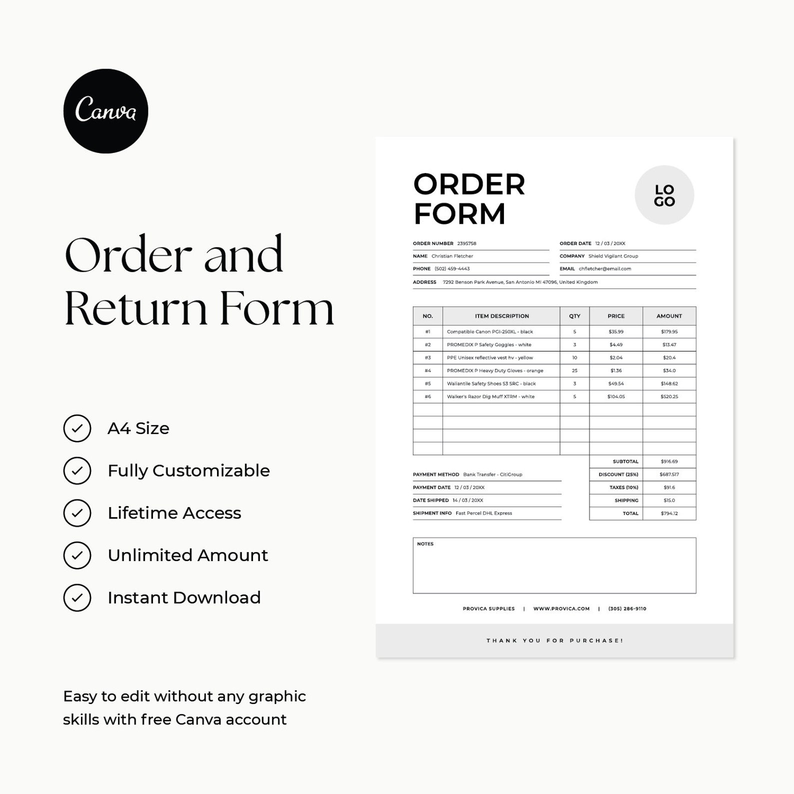 Printable Order Form, Return Form, Canva Template (A4) - Etsy