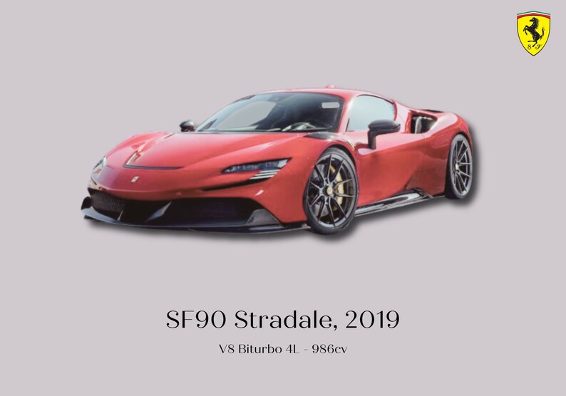 Ferrari SF90 Stradale Car Posters Illustration Prints Wall Art for Kids ...