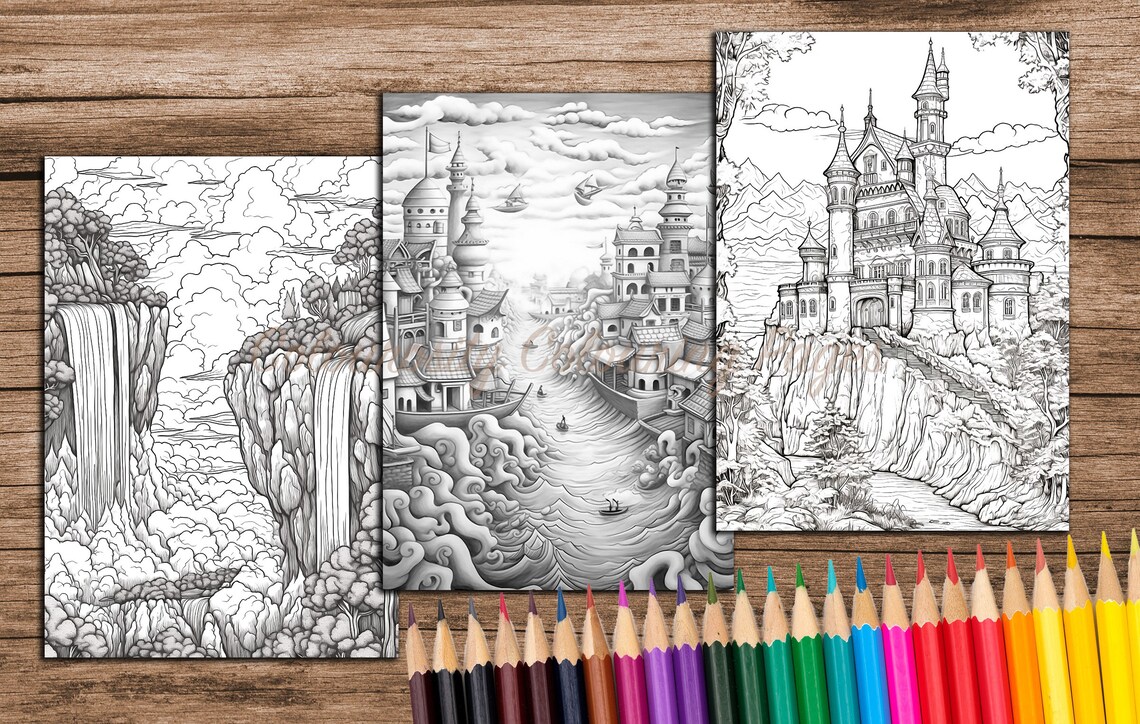 20 Dreamscape Grayscale Colouring Pages JPEG/PDF Format - Etsy