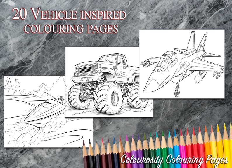 20 Vehicle Grayscale Colouring Pages JPEG/PDF Format Instant - Etsy