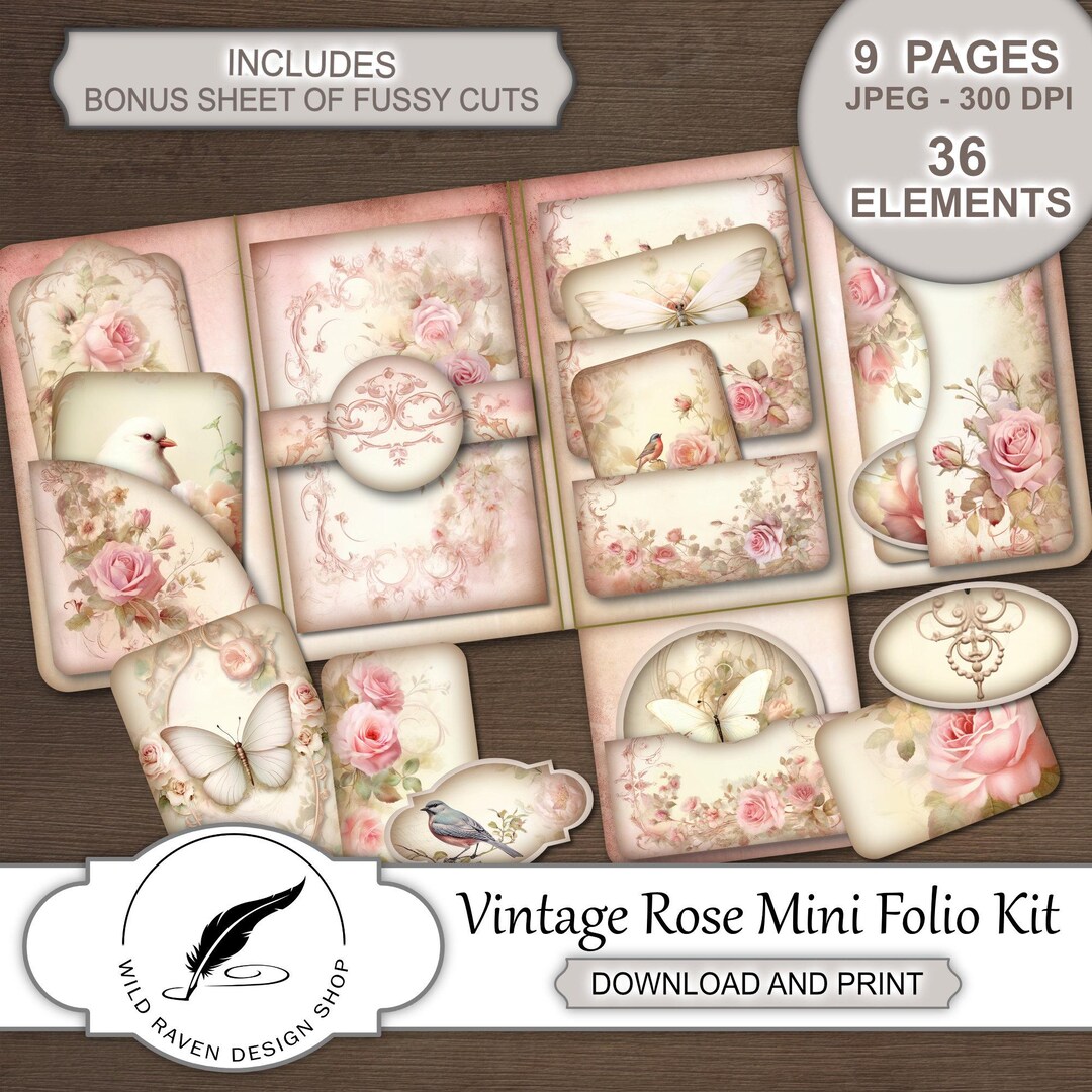 Vintage Rose Mini Folio Kit, Printable Floral Ephemera, Romantic Roses ...