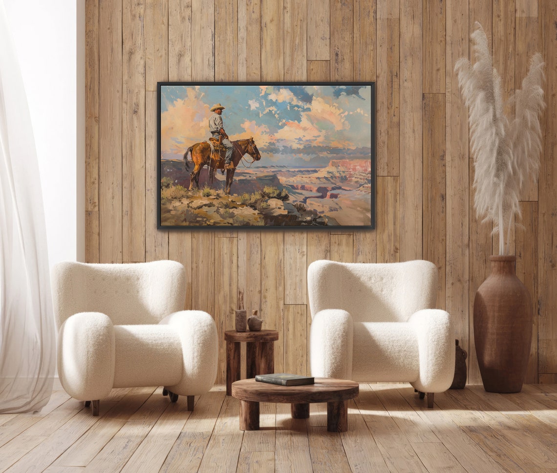 Vintage Western Man on a Horse Painting, Western Art Print, Cowboy Art ...