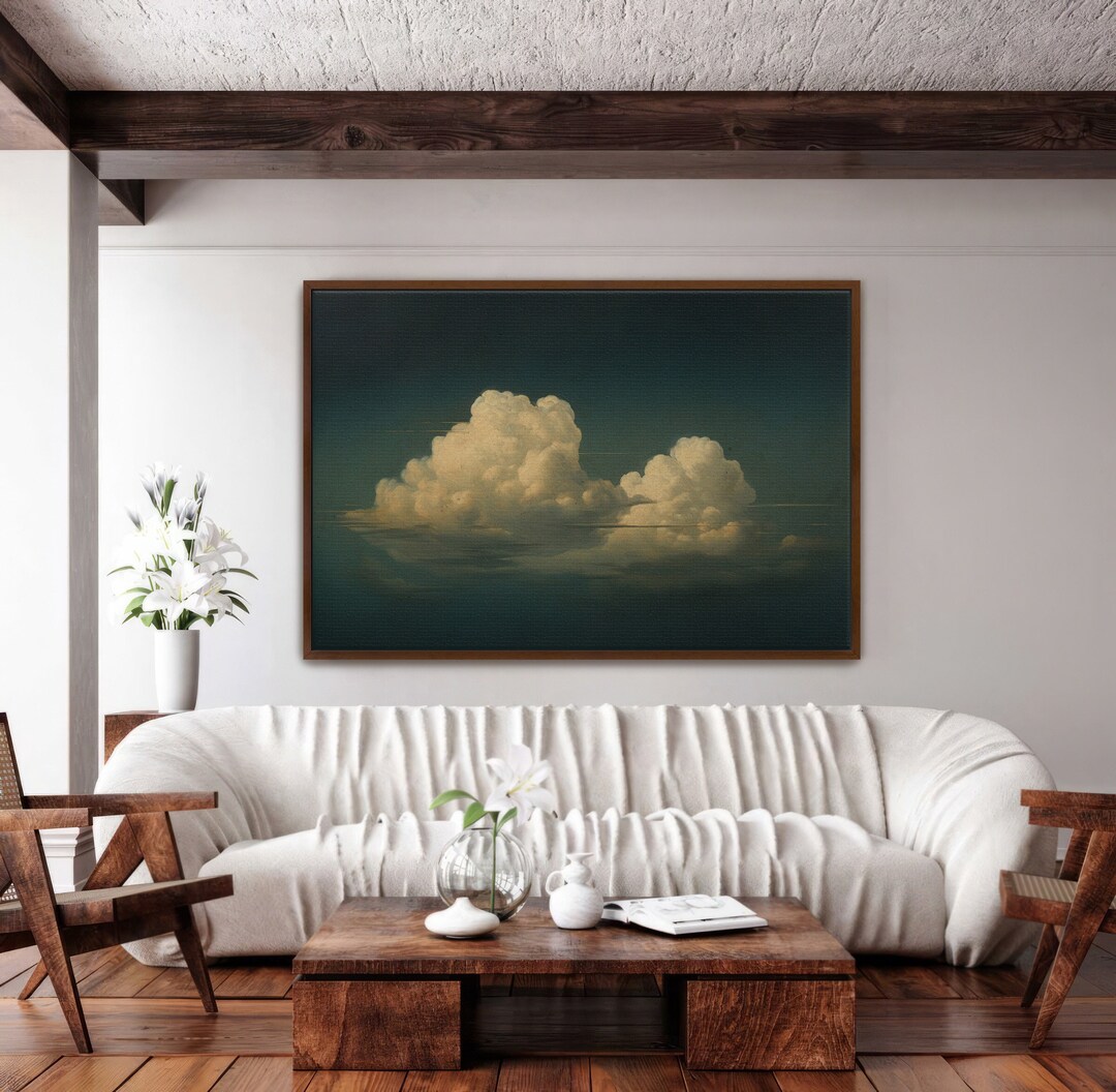 Vintage Floating Moody Cloud Painting, Cloud Art Print, Living Room ...
