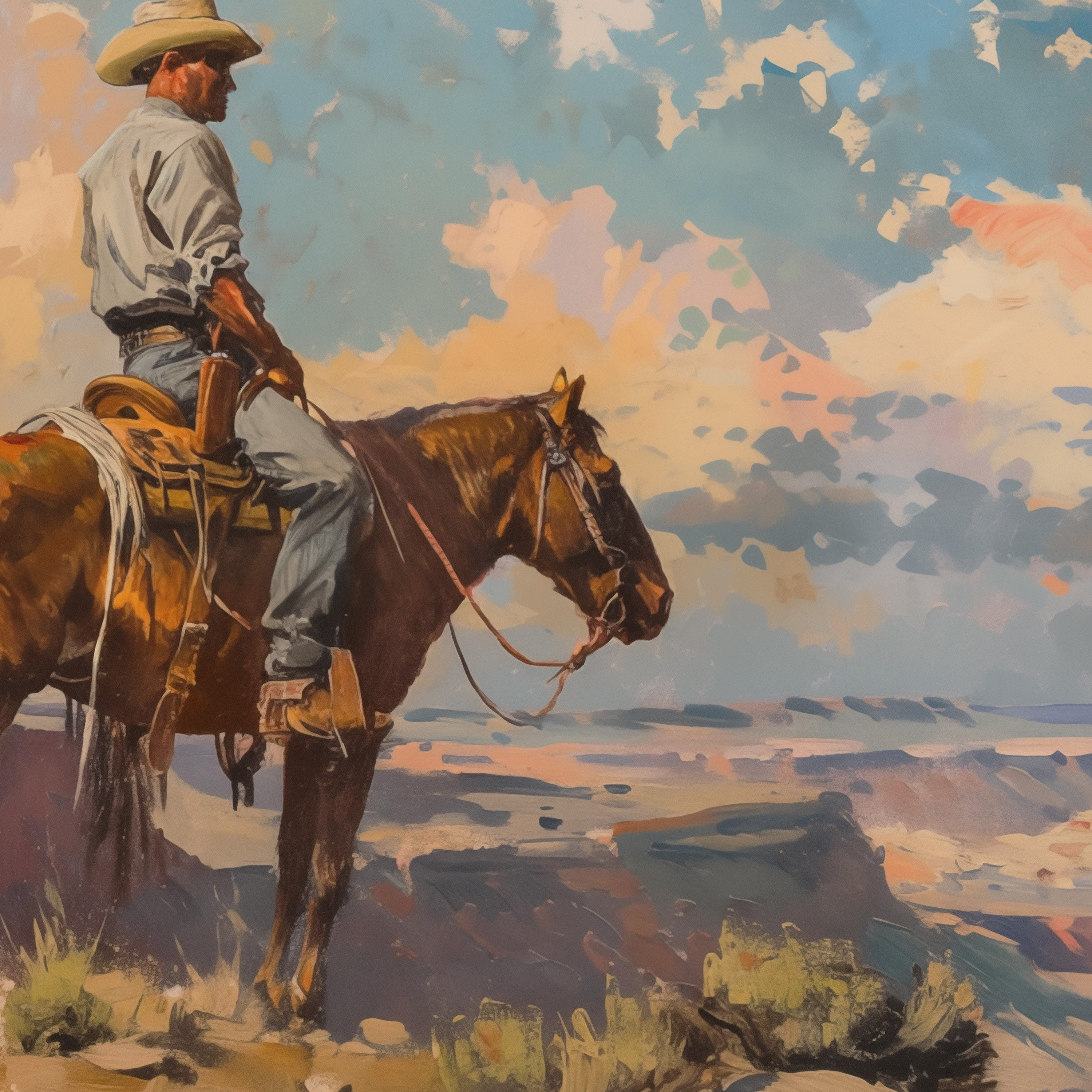 Vintage Western Man on a Horse Painting, Western Art Print, Cowboy Art ...
