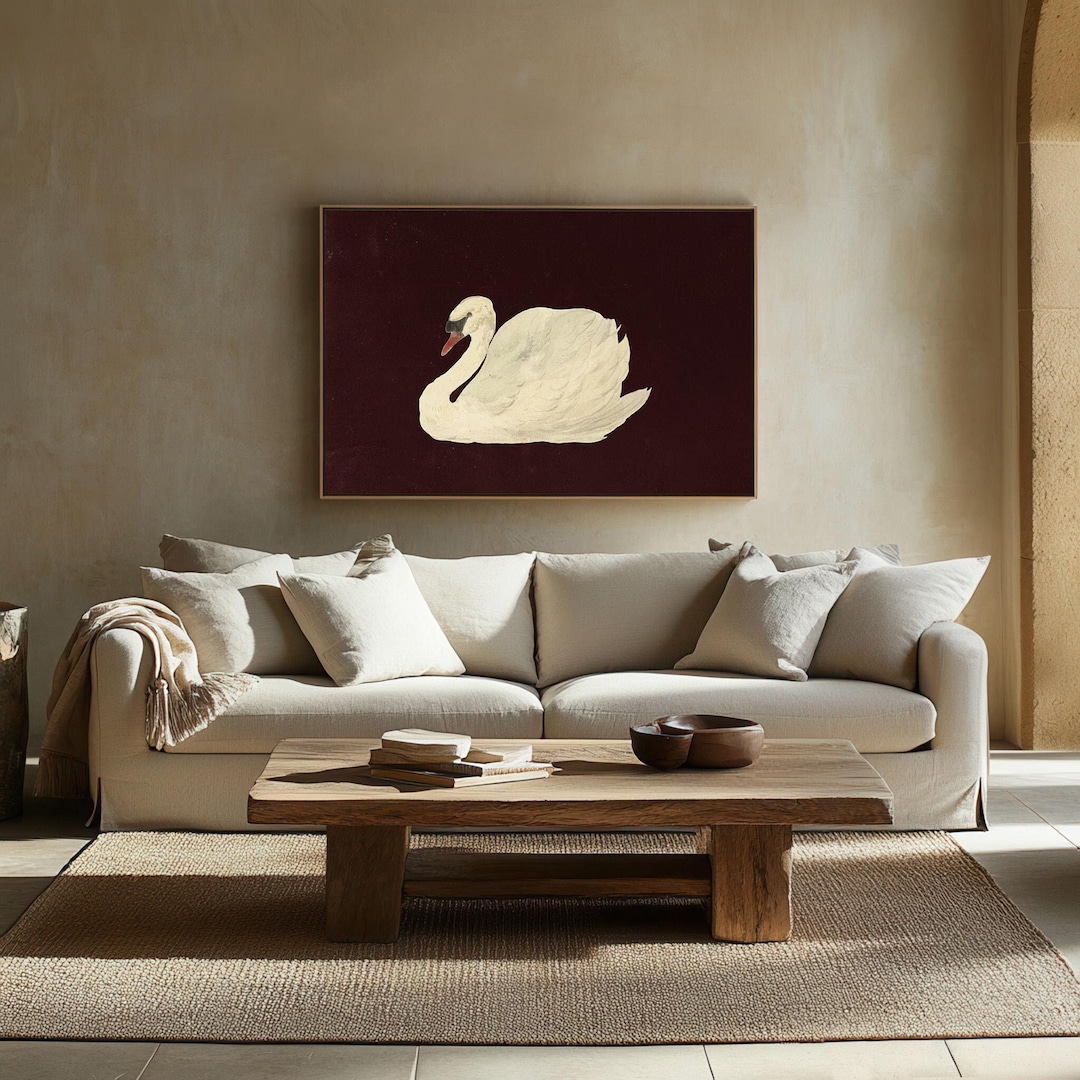 Vintage Swan Painting, Maroon Art, Large Framed Canvas Print, Vintage ...