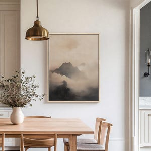 Vintage Foggy Mountain Painting Wall Art, Moody Cloud Painting, Framed ...