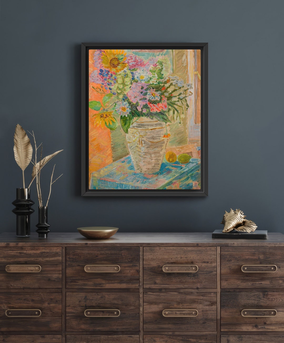 Vintage Flowers in a Vase Painting, Impressionism Floral Large Framed ...