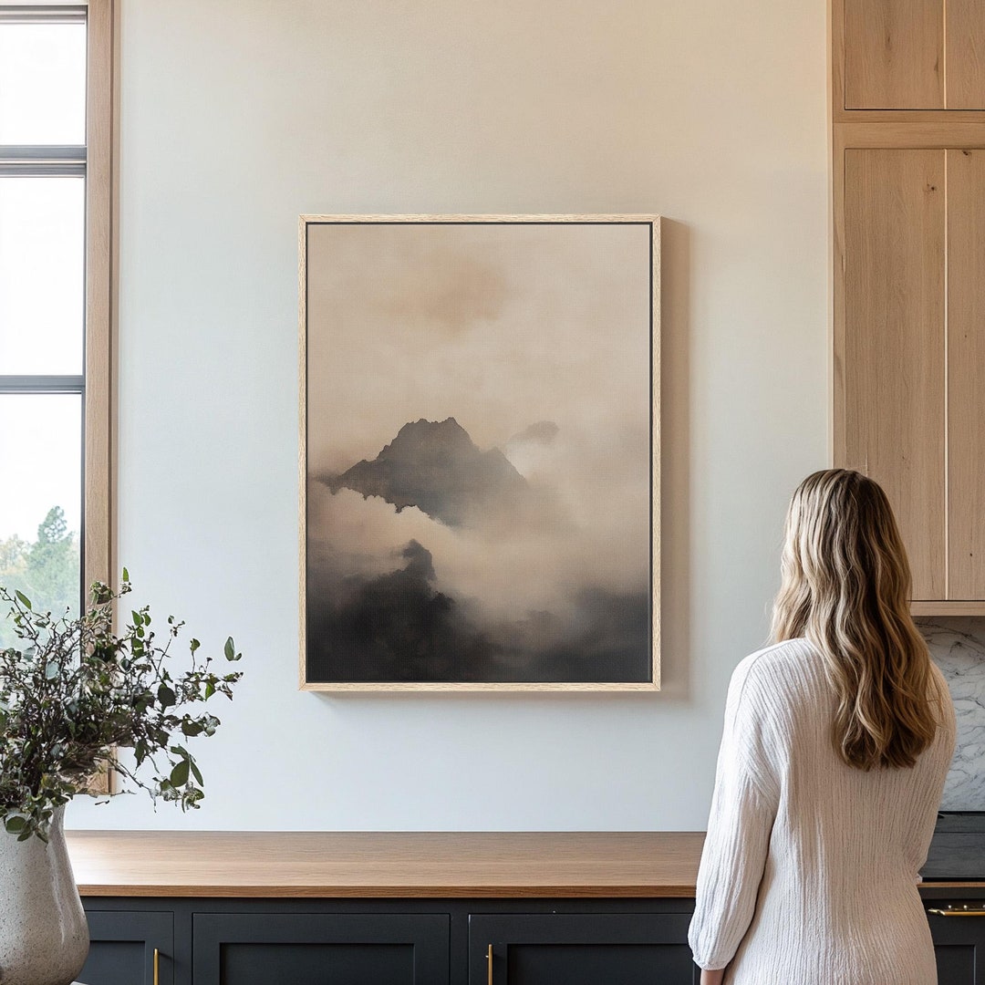 Vintage Foggy Mountain Painting Wall Art, Moody Cloud Painting, Framed ...