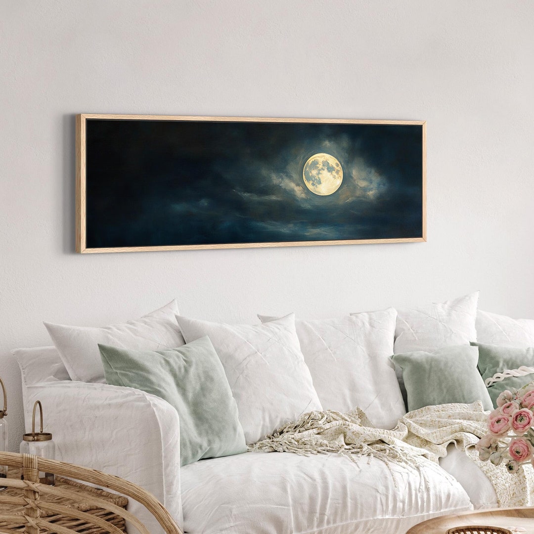 Moon at Night Painting, Cloud Wall Art Canvas, Moody Wall Art Print ...
