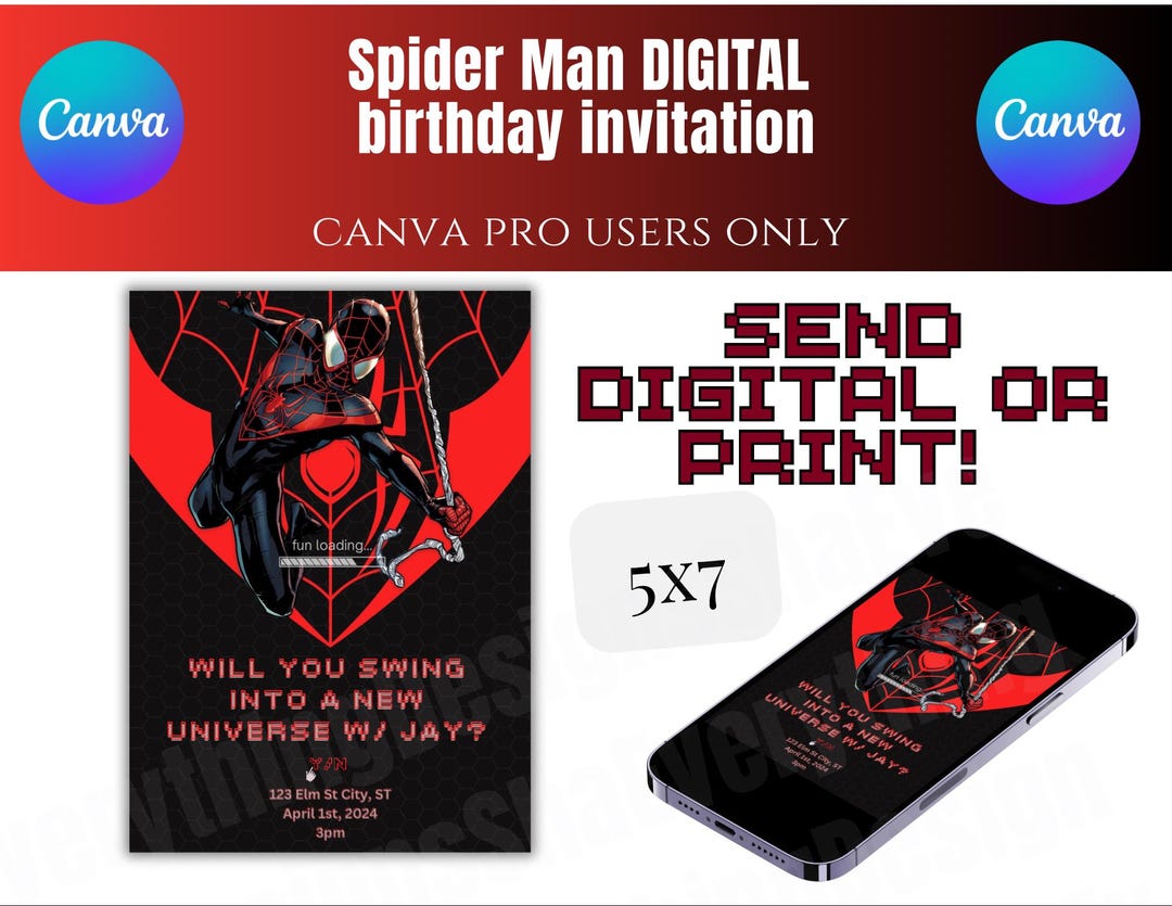 Spider-man Miles Morales Birthday Invitation Canva Pro Template - Etsy