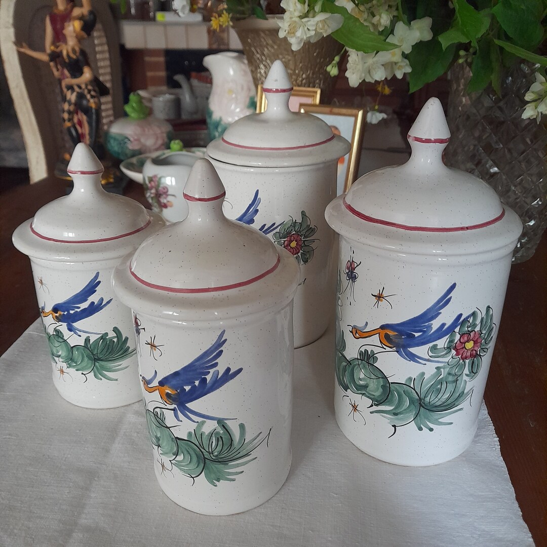 Set of 4 Antique Moutiers Earthenware Spice Jars, Apothecary Jar With ...