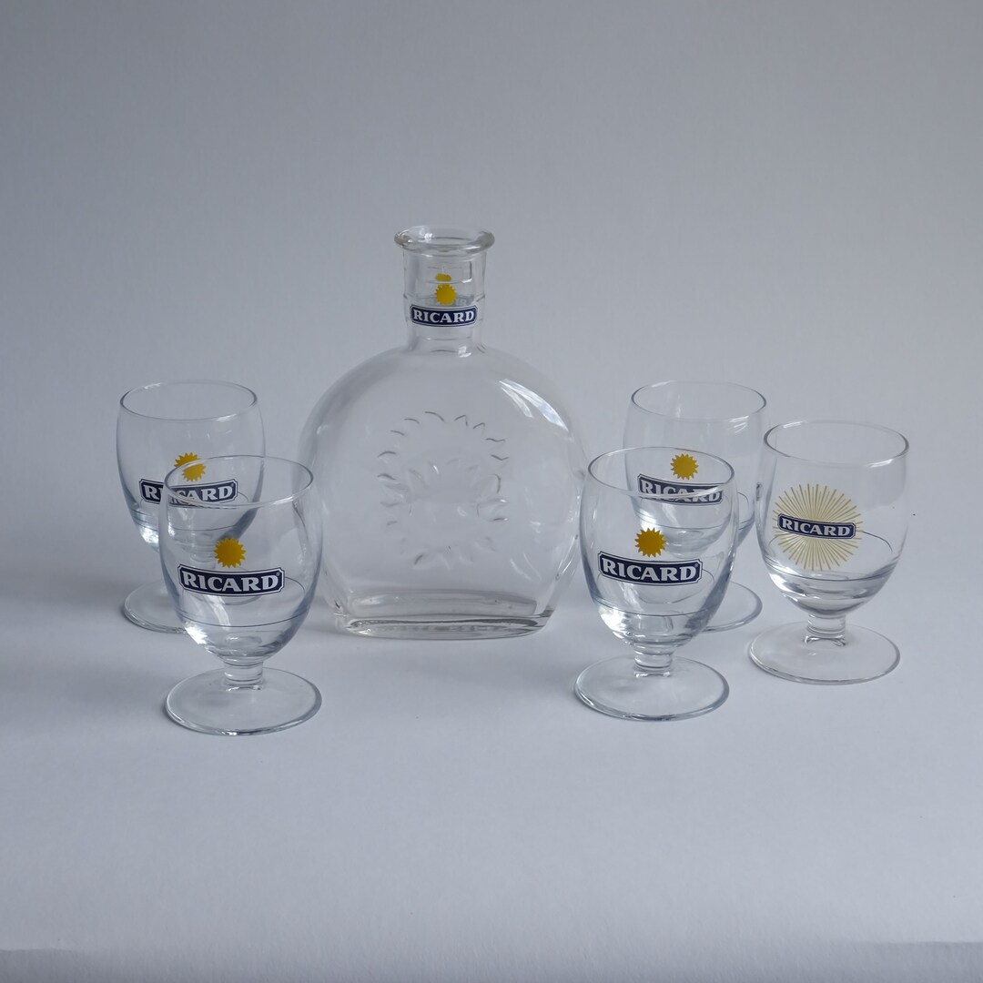 Vintage Ricard Decanter and Glasses Set, Antique Glass Barware ...