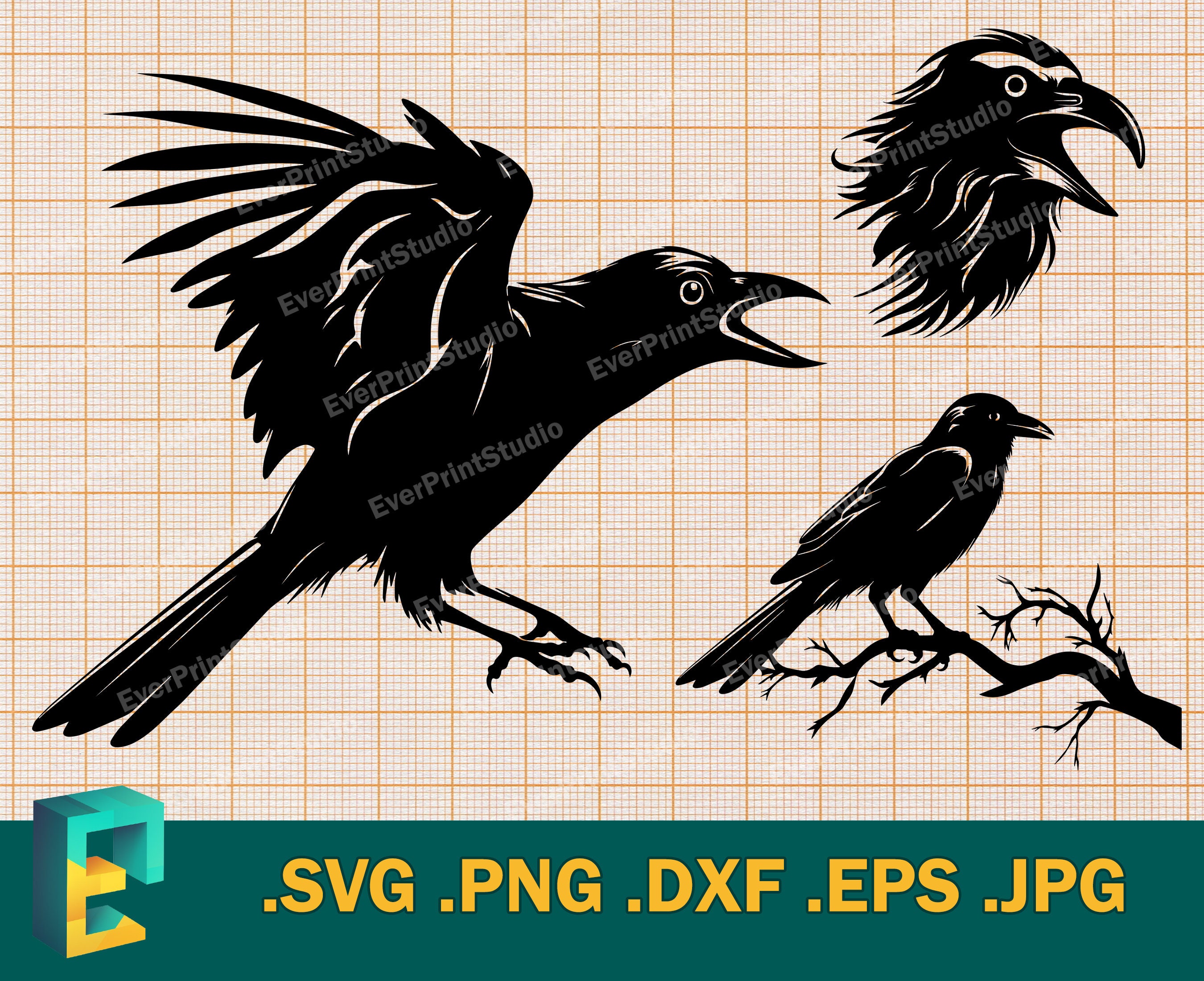 Raven SVG Cricut Silhouette Vector Artistic Design Raven - Etsy