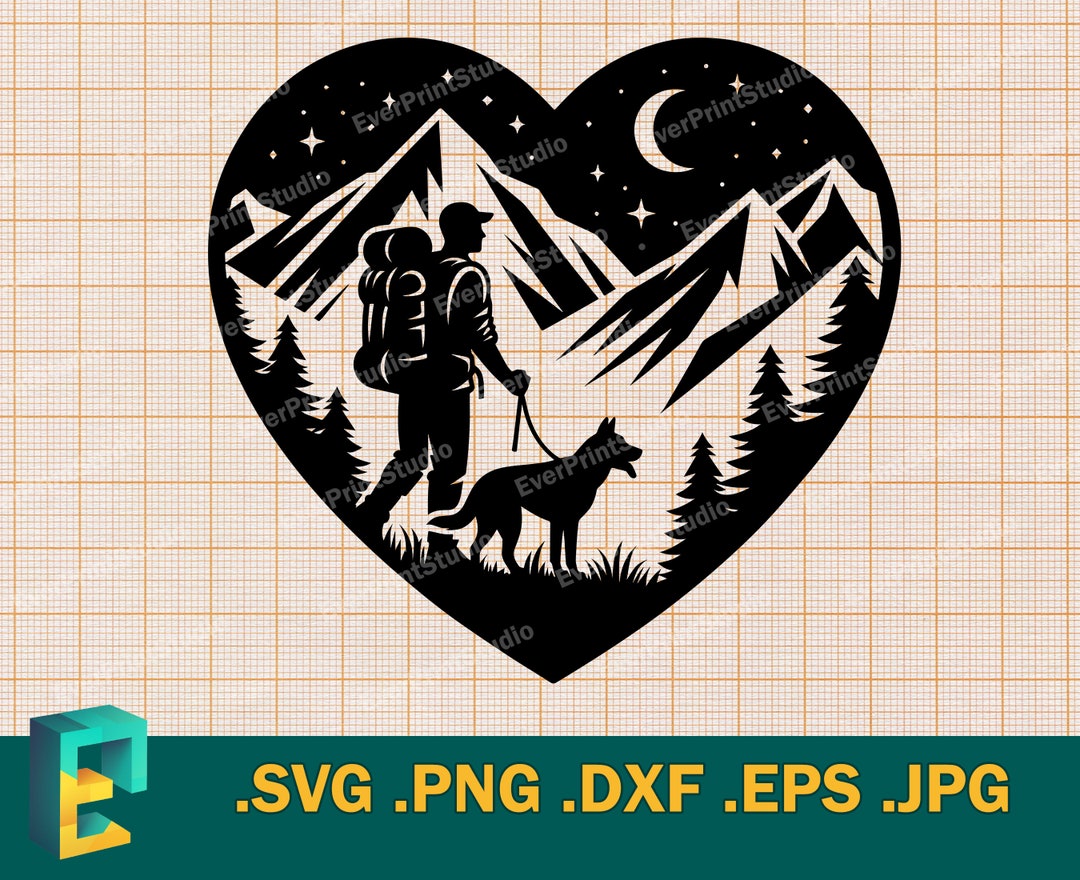 Man With Dog SVG - Silhouette, Cricut | Vector Hiking Man With Dog Cut ...