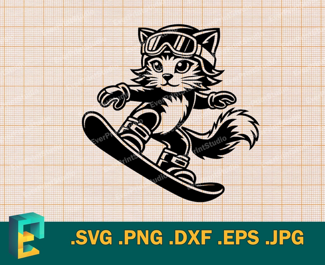 Snowboarding Cat SVG - Cricut, Silhouette | Vector Kitten on Snowboard ...
