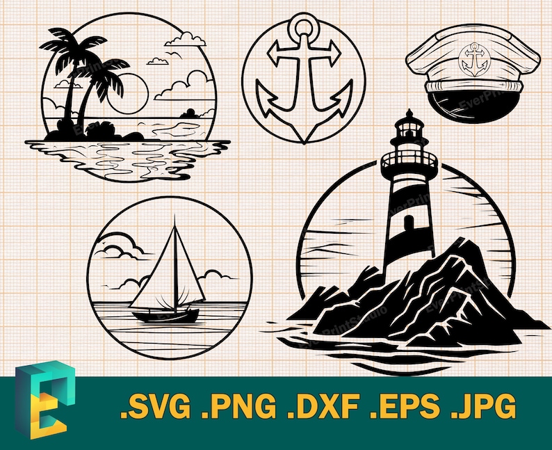 Nautical Bundle SVG - Island Palm Tree, Sailing Boat Svg, Lighthouse ...