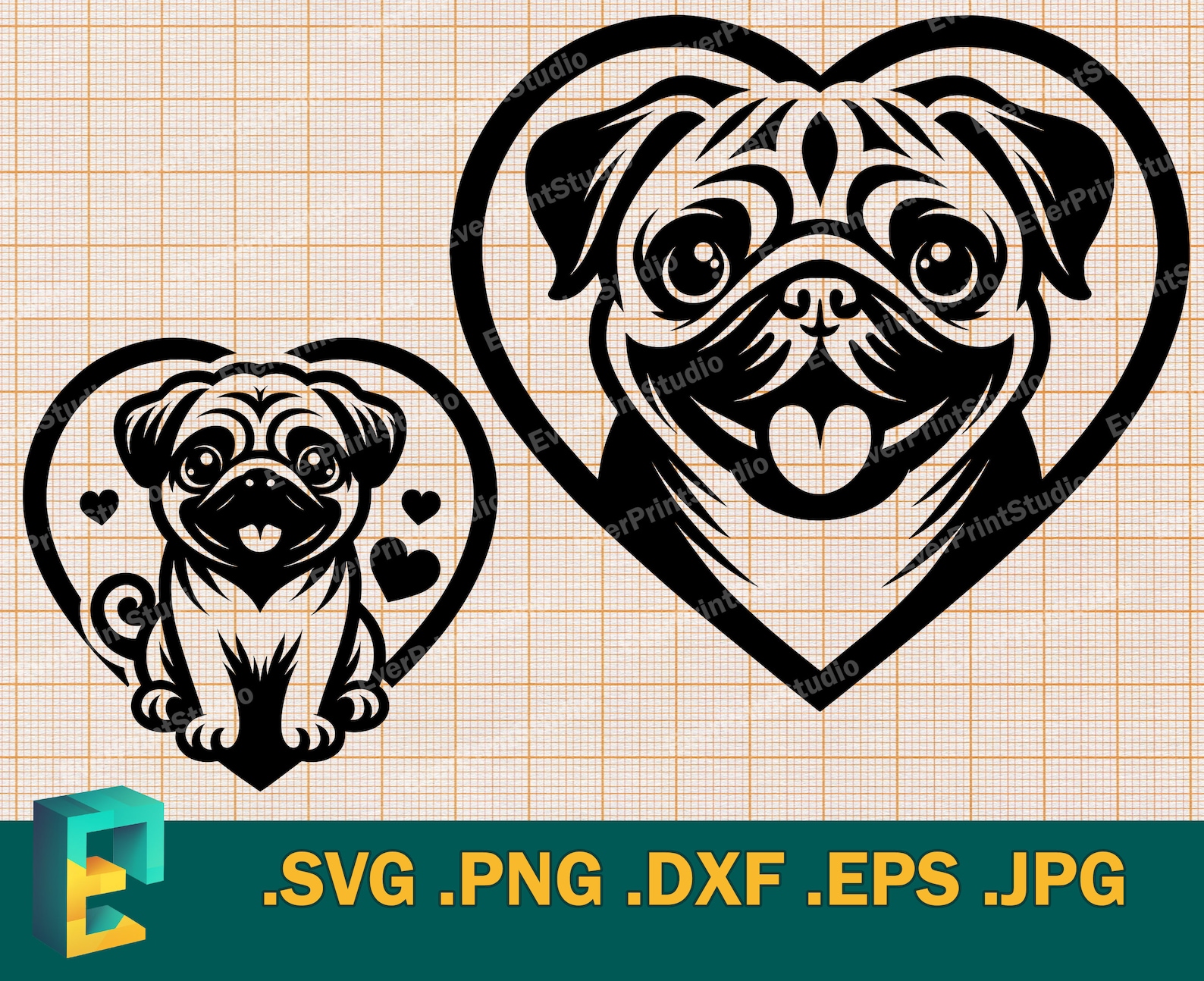Pug SVG Cricut, Silhouette Adorable Pug Dog Heart Vector Cut File, Cute ...