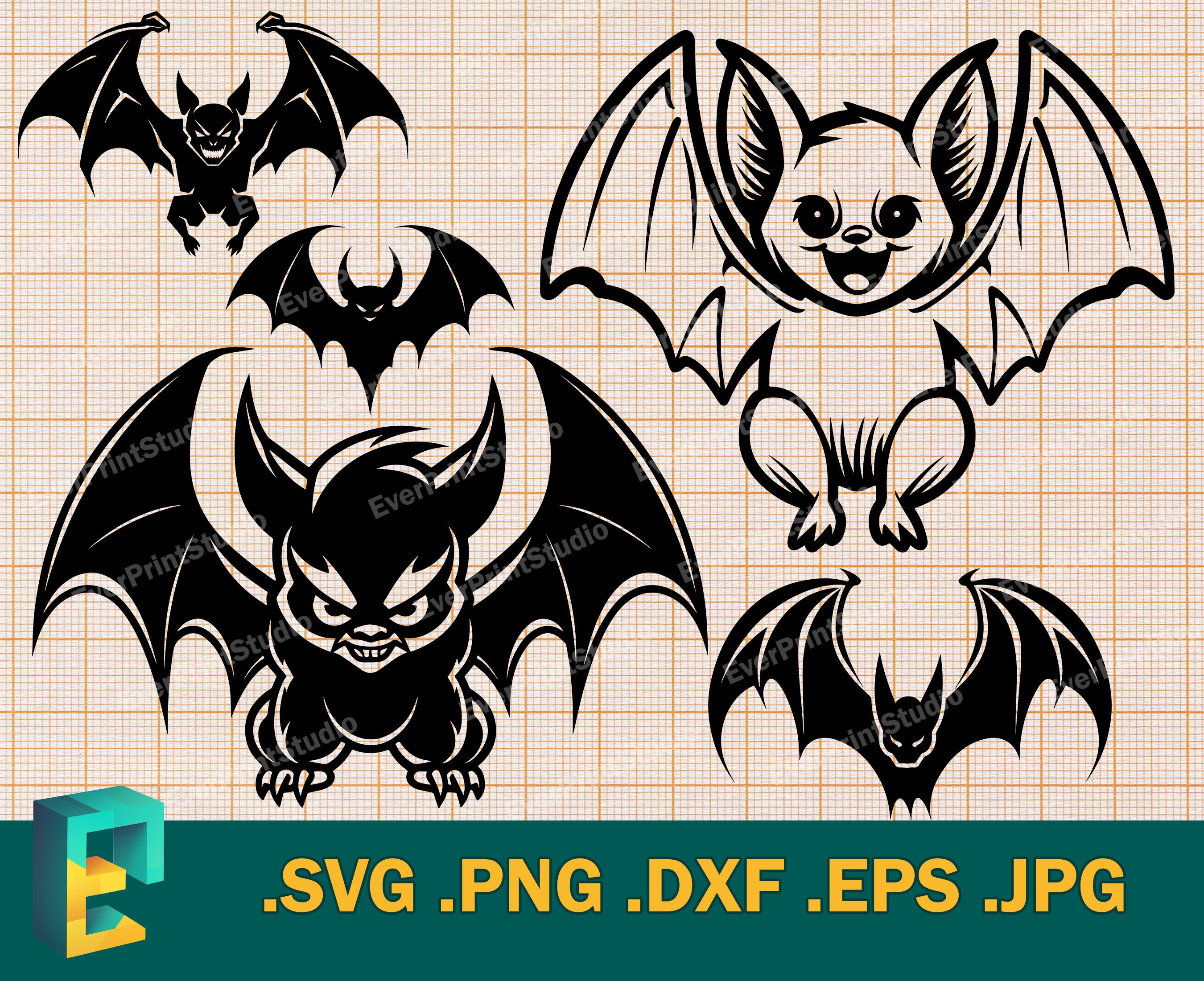 Bat SVG Cricut Silhouette Vector Artistic Bat Bundle Cut - Etsy