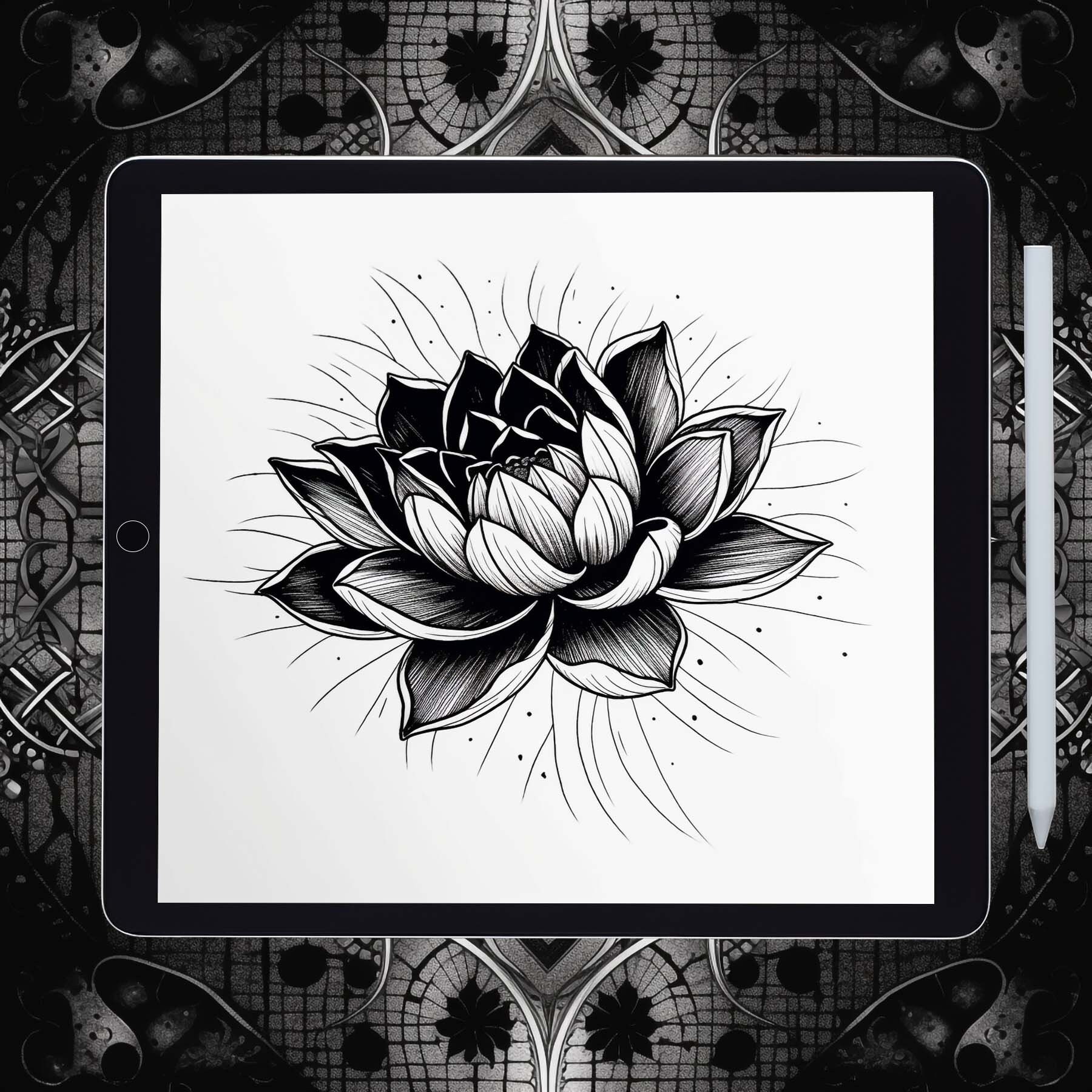Black And Grey Lotus Flower Tattoo Designs