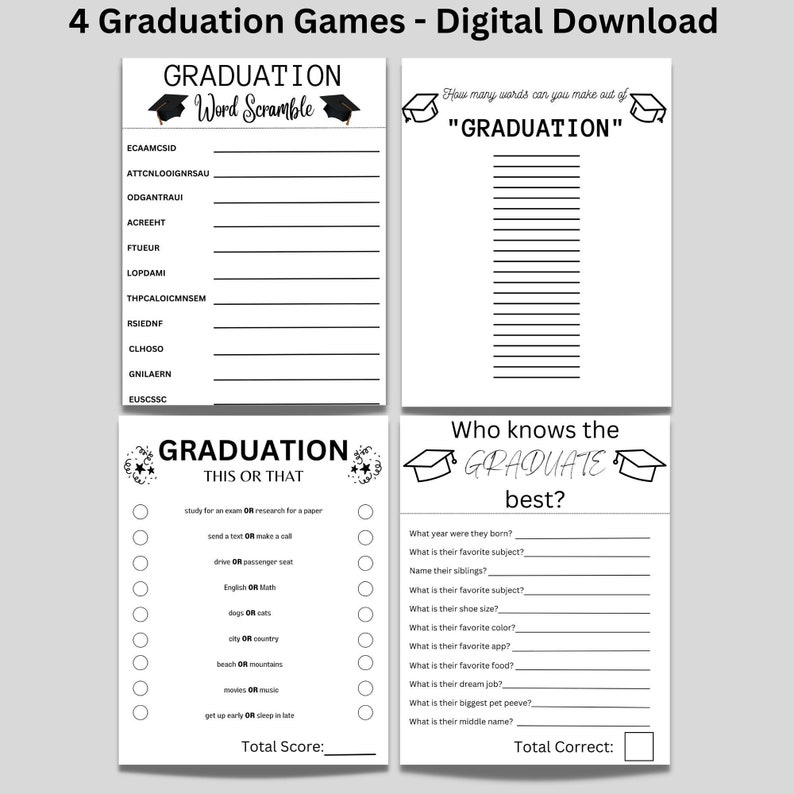 4 Printable Graduation Party Games, Graduation Party, Digital Download ...