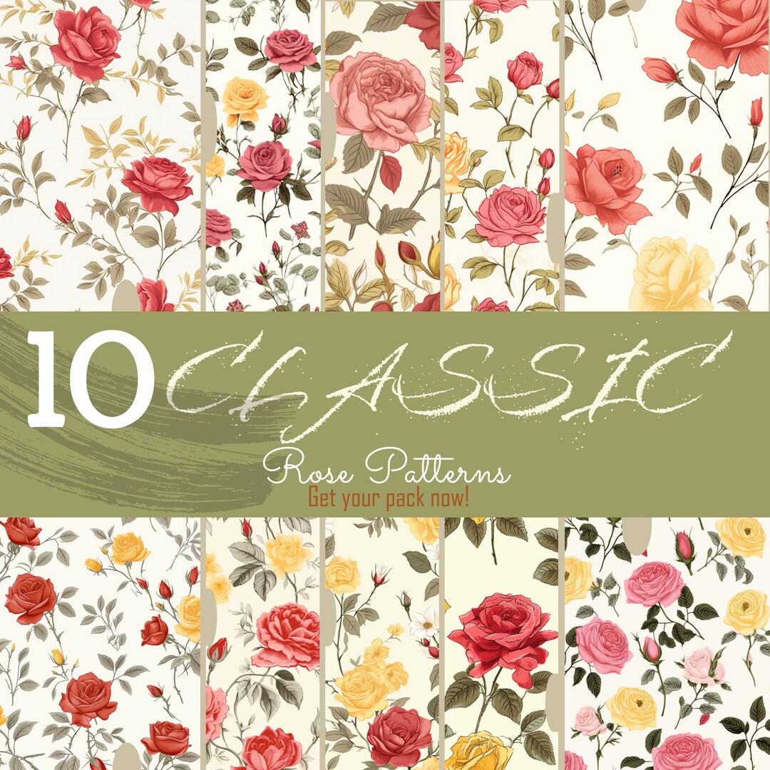 Natural Rose Patterns Bundle - 10 Hand-crafted Seamless Patterns, Rose ...