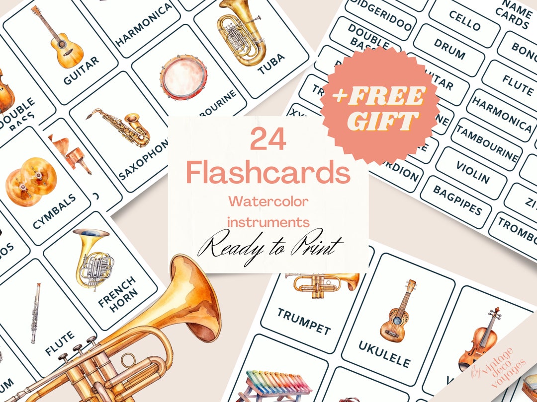 Watercolor Instrument Flashcards Set - 24 Musical Instruments ...