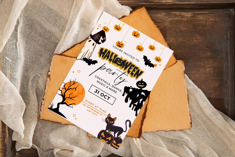Spooky Halloween Party Invitation, Ghost, Pumpkin, Bat Theme (digital ...