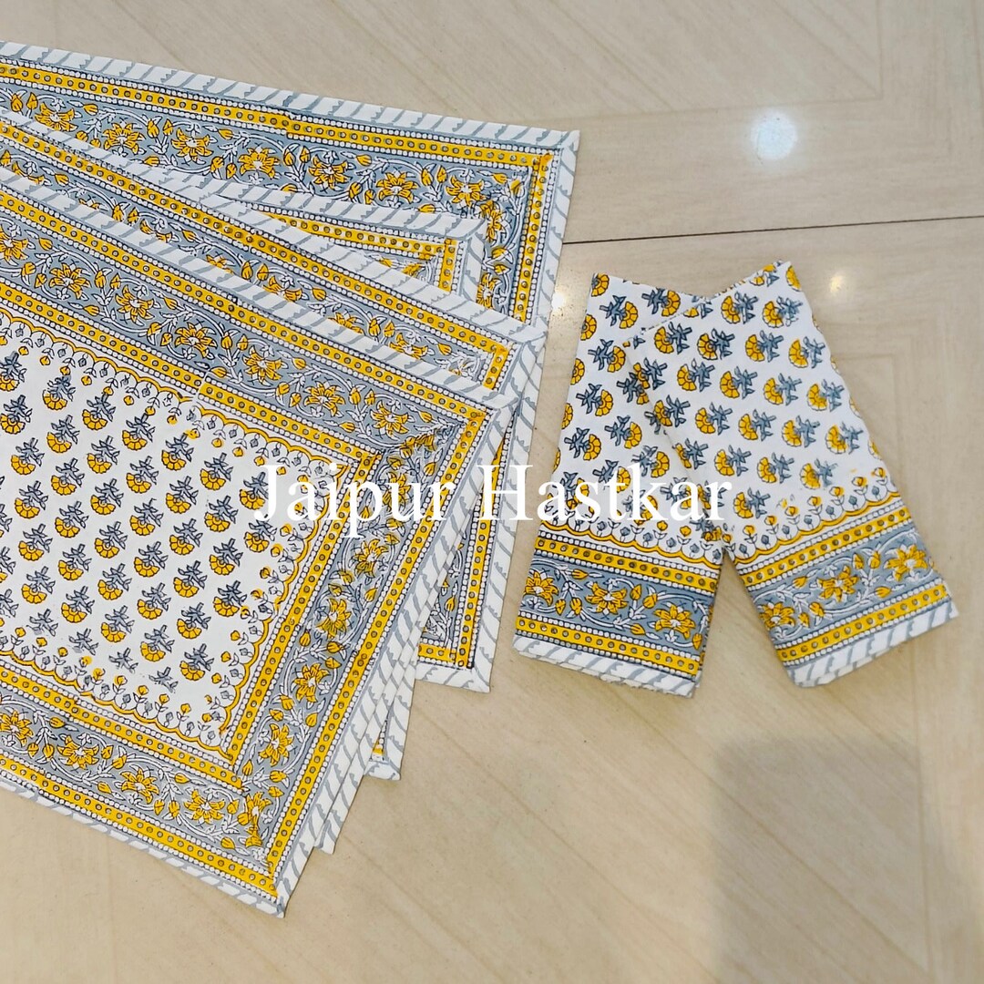 Mat & Napkin Set Floral Design Personalized Cloth Napkin, Indian Block ...