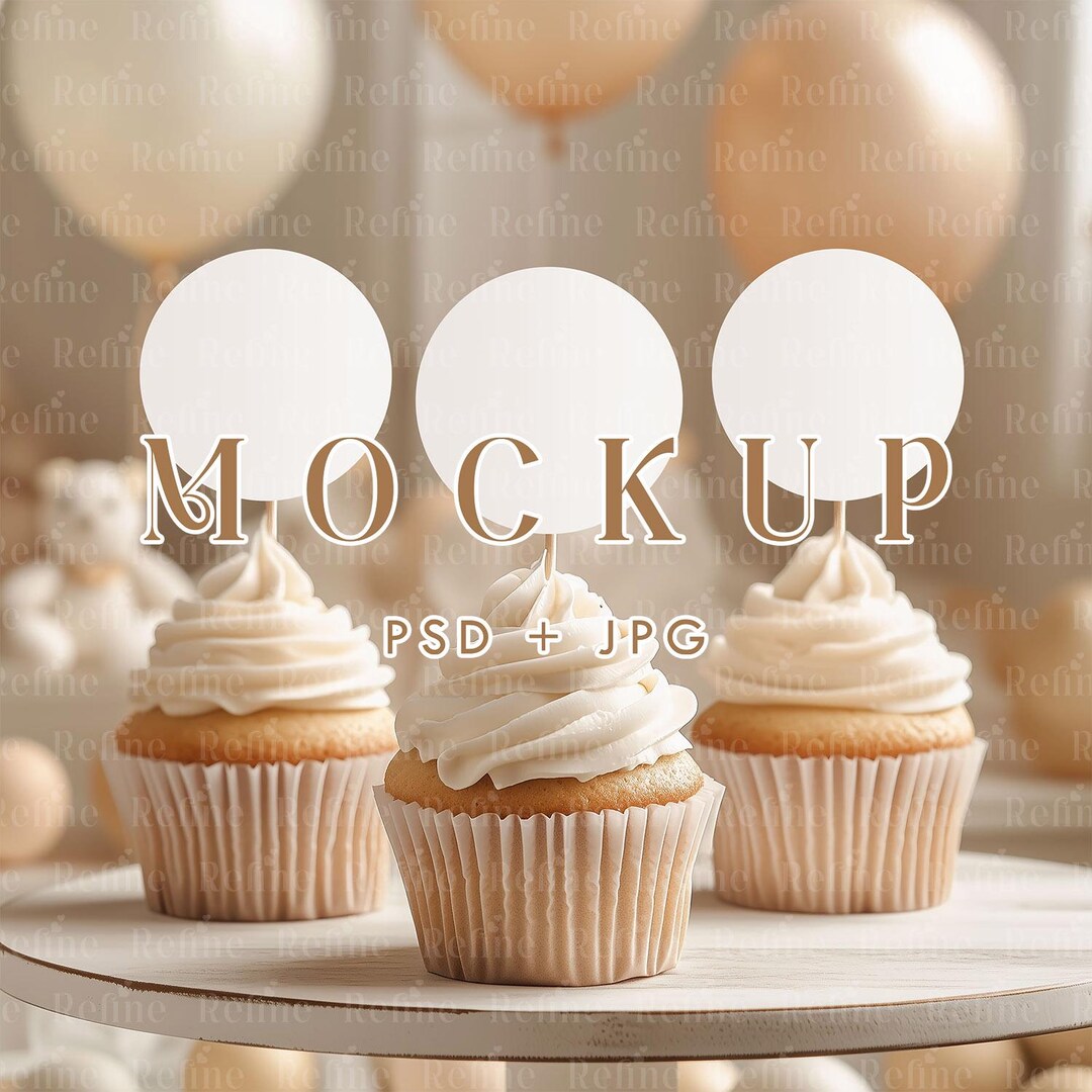 Cupcake Topper Mockup, Birthday Cupcake Topper PSD, Boho Minimalist ...