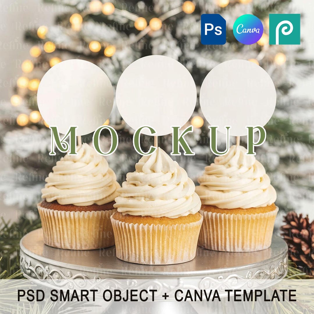 Cupcake Topper Mockup PSD PNG, Round Party Toppers Canva Template ...