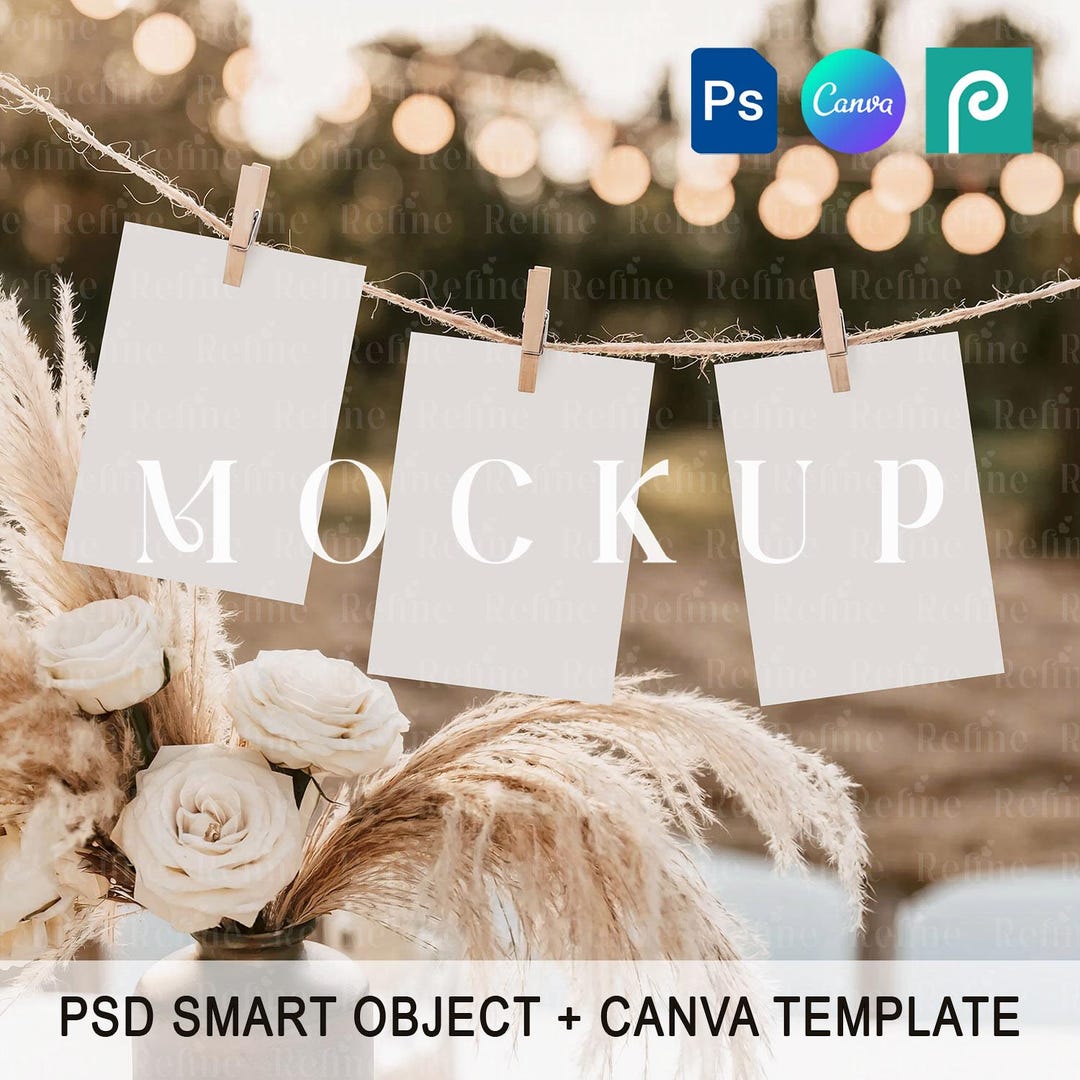 Hanging Banner Mockup PSD Canva, Three Photo Cards Wedding or Birthday ...