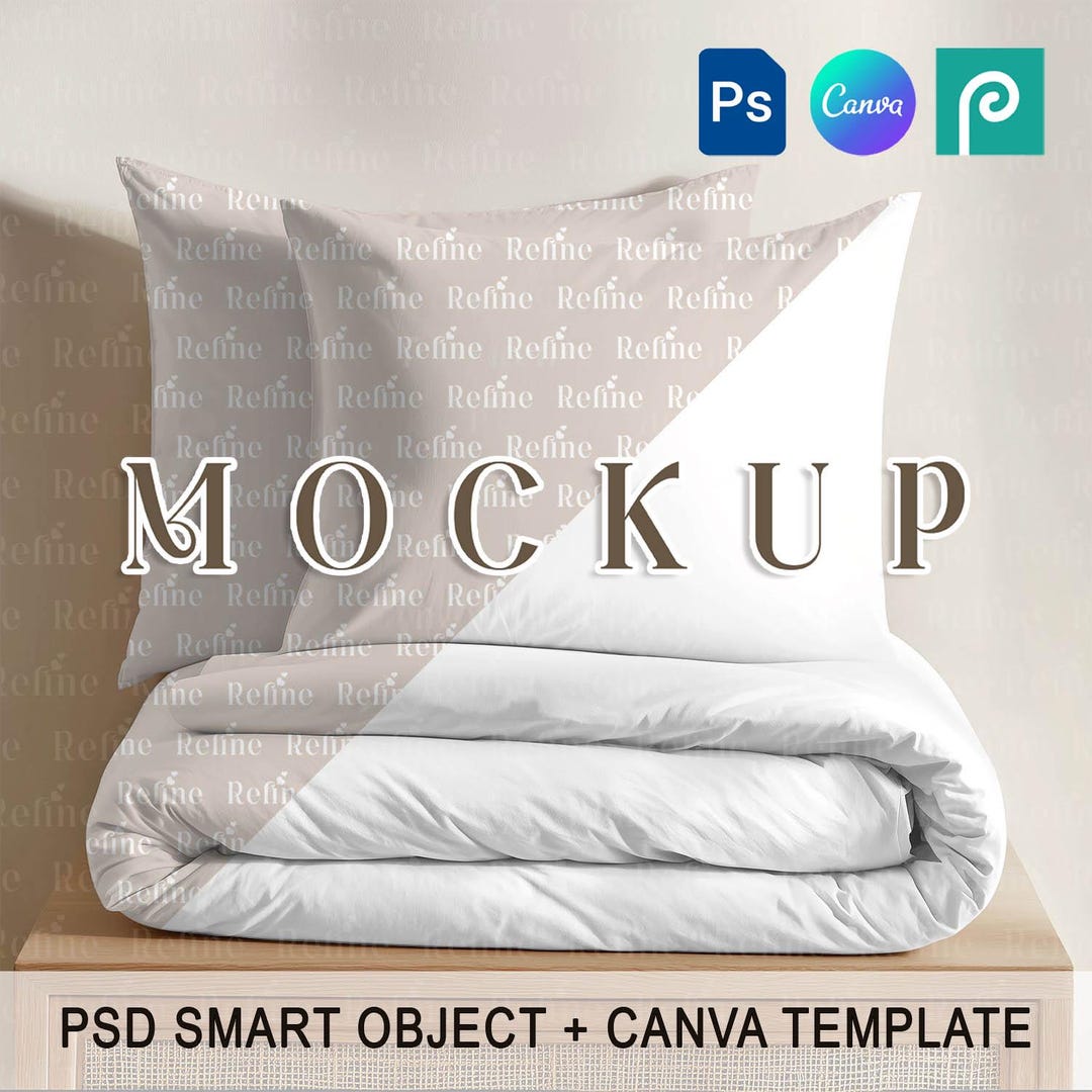 Bedding Set Mockup PSD PNG Canva, Duvet and Pillow Mockup for Fabric ...
