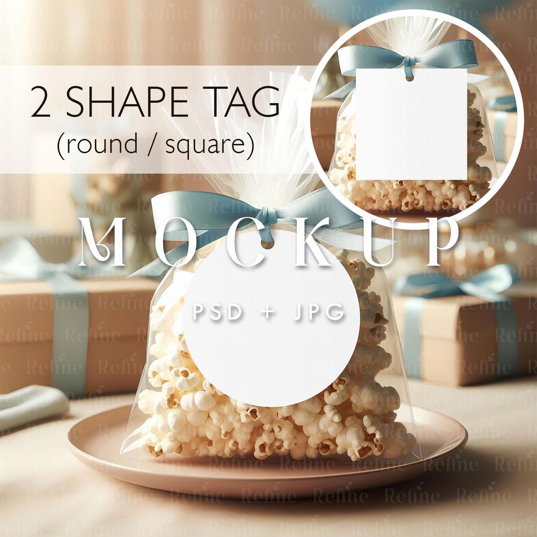 Popcorn Tag Mockup, Round Square Gift Tag Mock-ups, Treat Bag Label ...