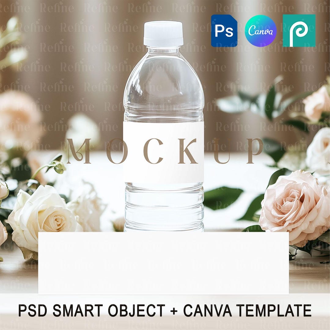 Water Bottle Label PSD PNG Mockup, Wedding Party Bottle Sticker Canva ...
