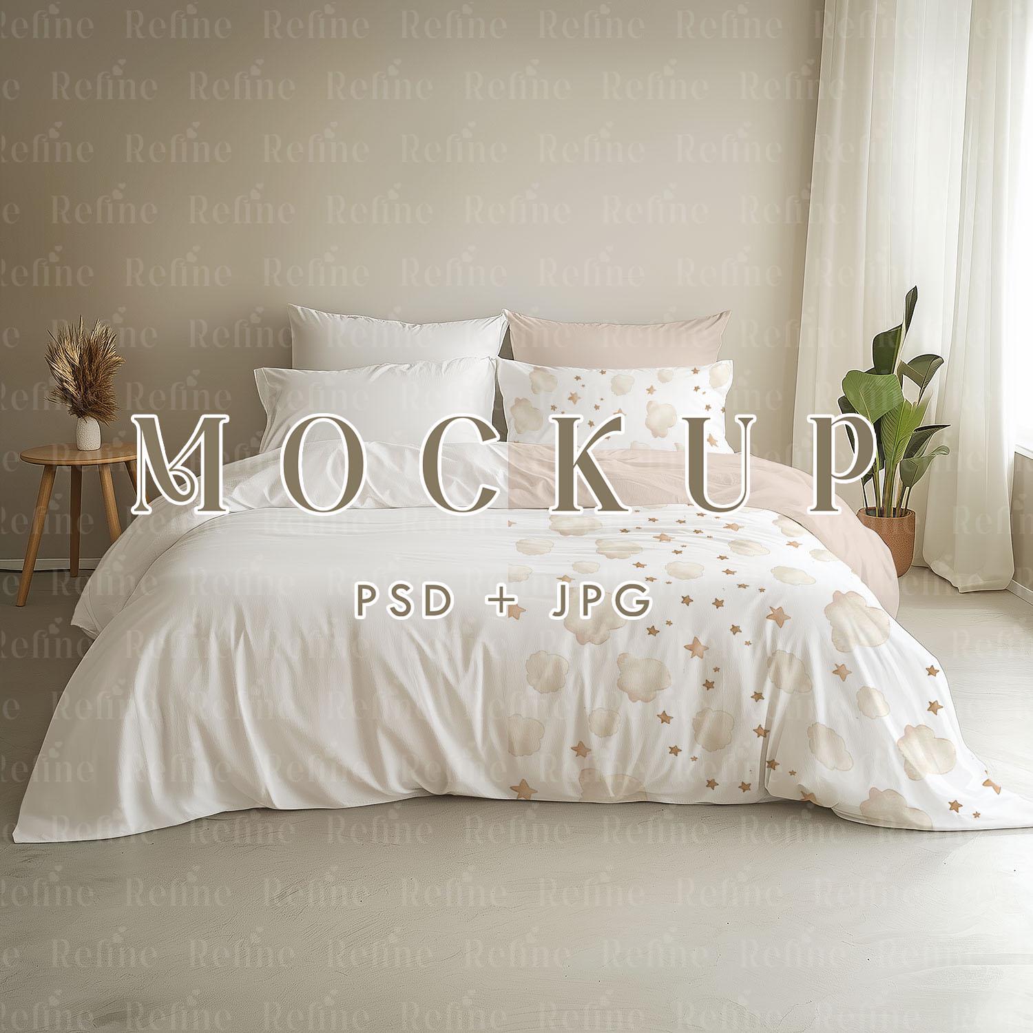 Bedding Mockup, Duvet and Pillow Cover Mockup, Blank Bed Set PSD ...