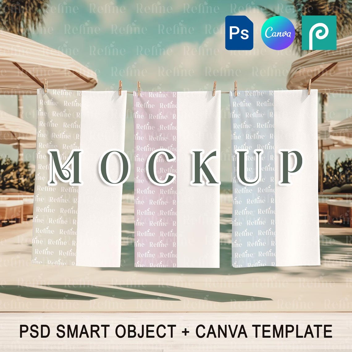 Set Beach Towel Mockup PSD PNG, Pool Party Towel Template Mockup, 3 ...