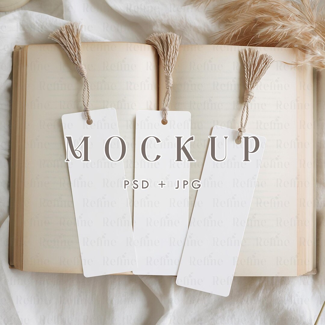Boho Three Bookmark Mockup With a Tassel, Bundle Bookmarks Template PSD ...
