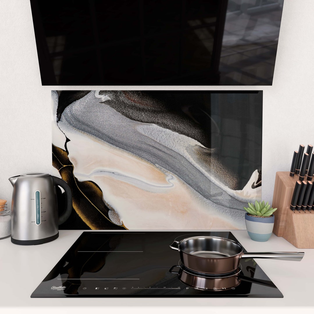 Abstract Marble Swirls Glass Splashback, Kitchen Stove Backsplash Wall ...