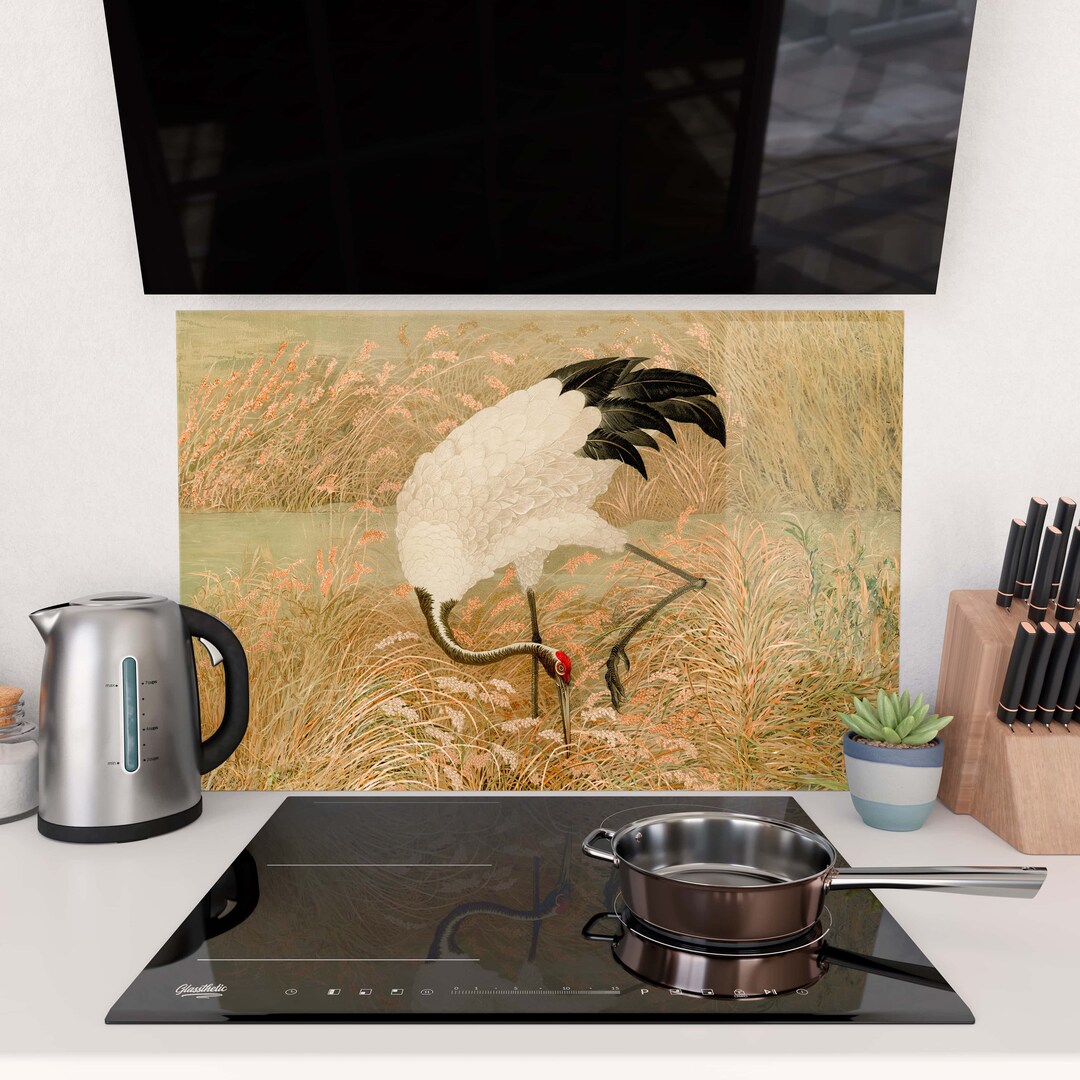 Sarus Crane in Rice Field Glass Splashback, Kitchen Stove Backsplash ...