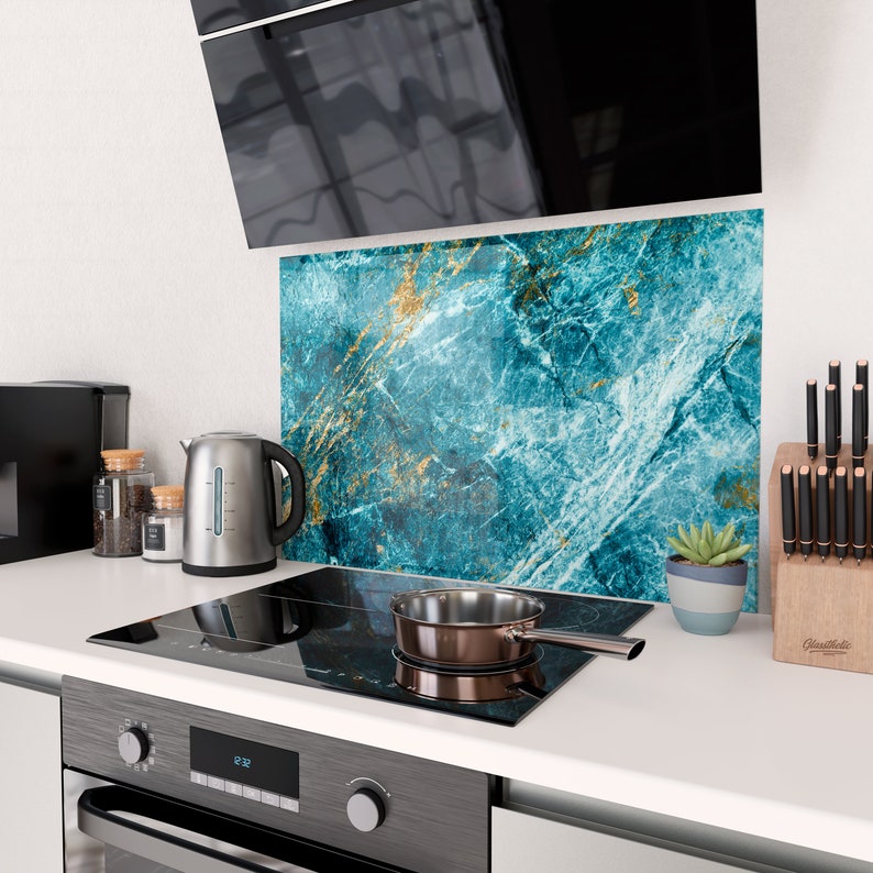 Blue & Gold Marble Glass Backsplash Kitchen Splashback Stove - Etsy