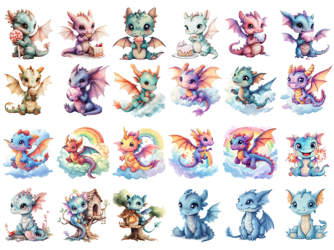 Big Bundle 124 Cute Baby Dragons Clipart, Watercolor Clipart Dragon ...