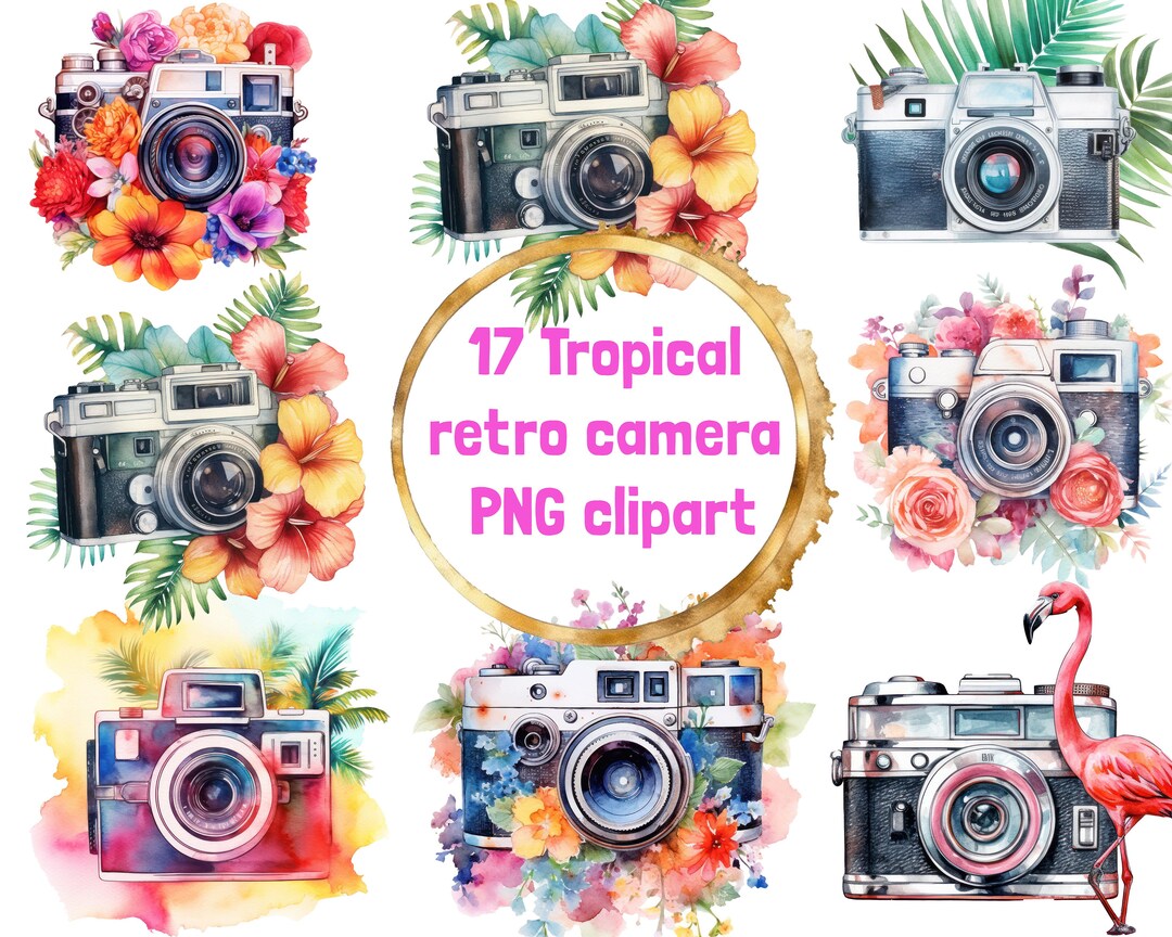 Retro Cameras Clipart Floral Retro Camera Watercolor Clipart Tropical ...